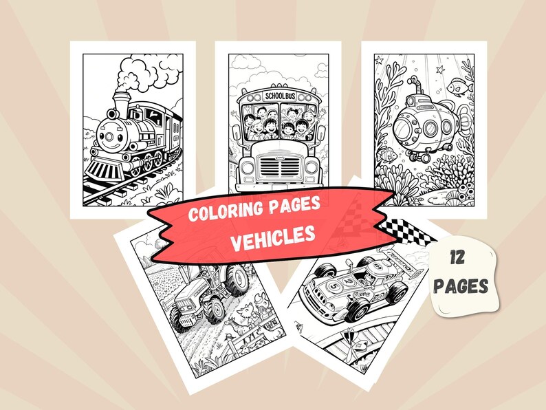 12 Cute Vehicles Coloring Pages – Printable Kids Activity, Instant ...