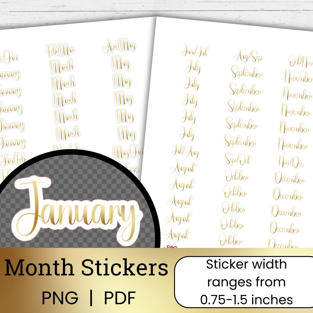 Gold Month Stickers | Planner Labels for Vertical Layouts | Minimal ...