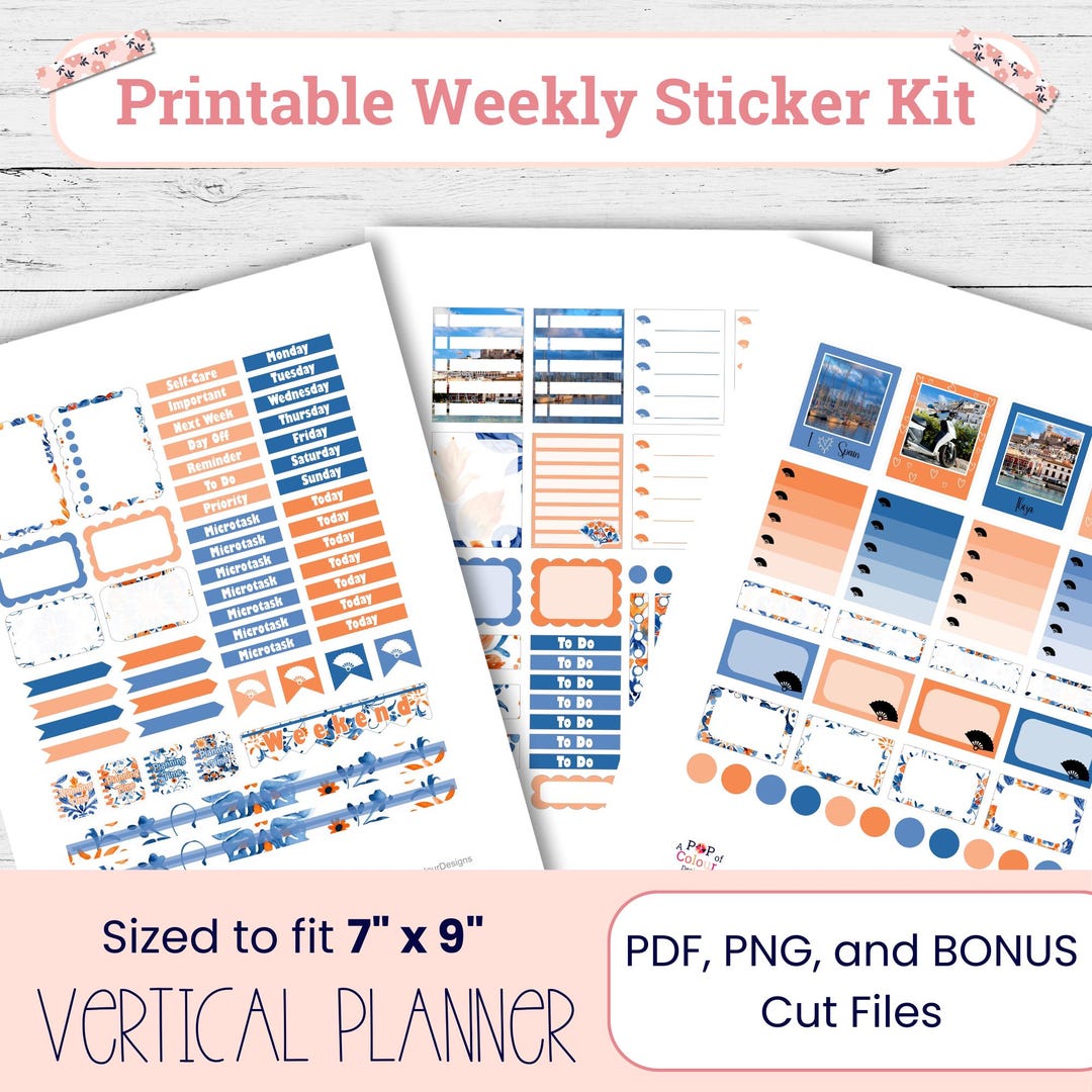 Terracotta and Blue Weekly Planner Stickers | Printable Vertical ...