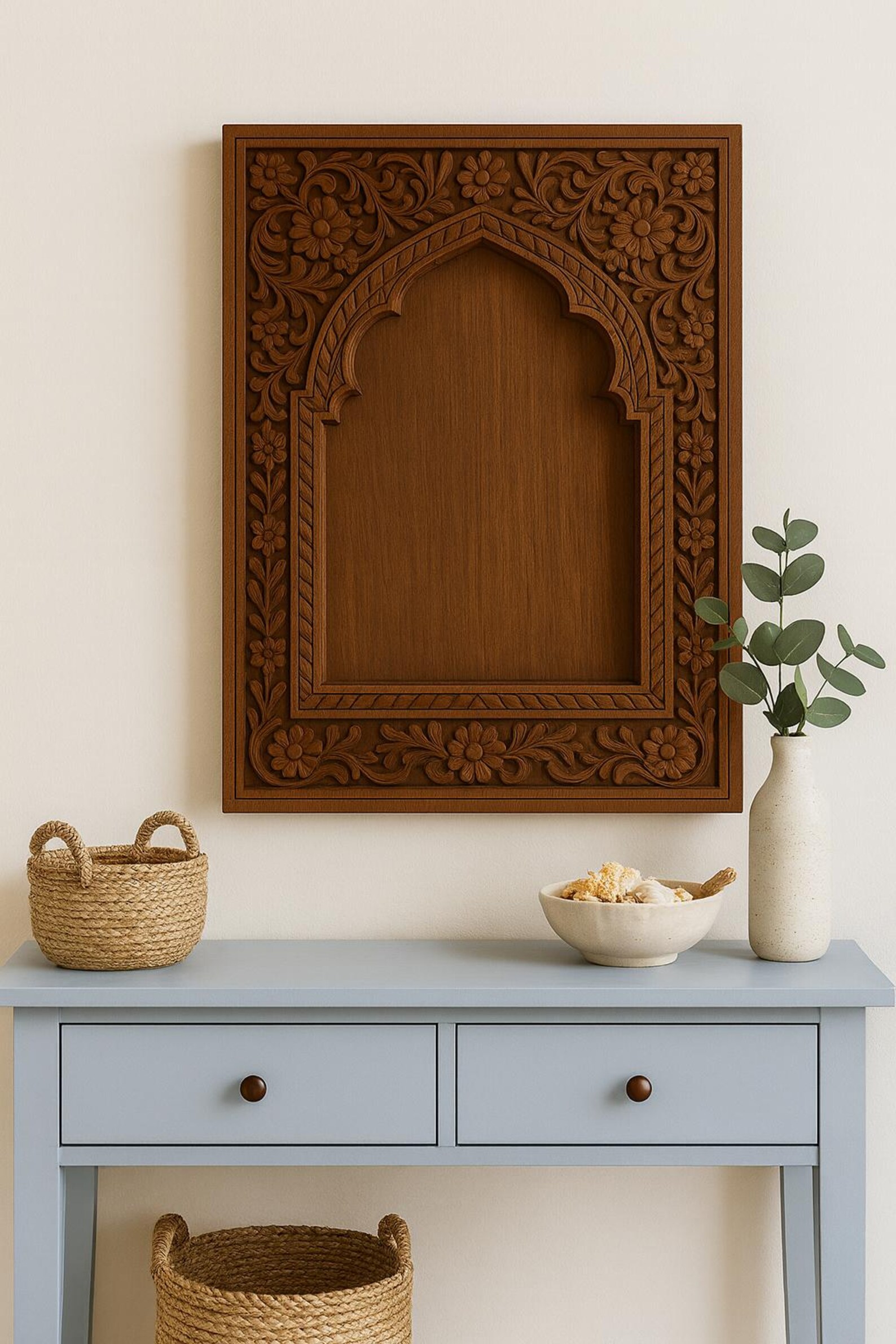 Hand-carved Wooden Wall Panel | Arch Frame Floral Carving | Boho Wall ...