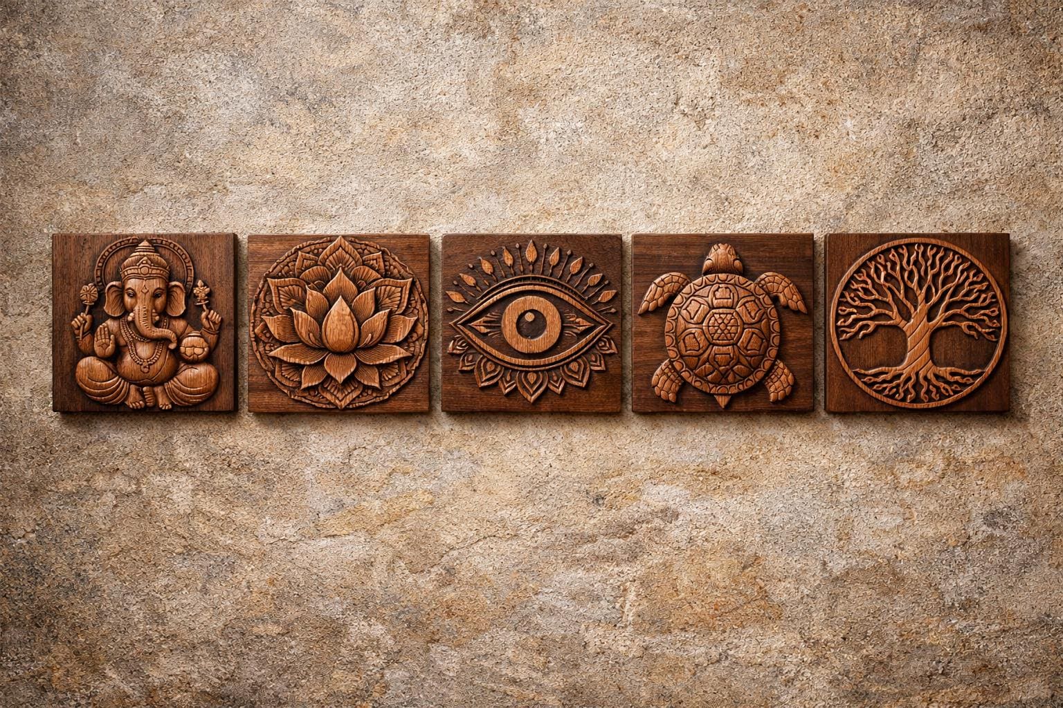 Good Luck Teak Wood Wall Panel Set of 5 | Hand Carved Spiritual Wall ...