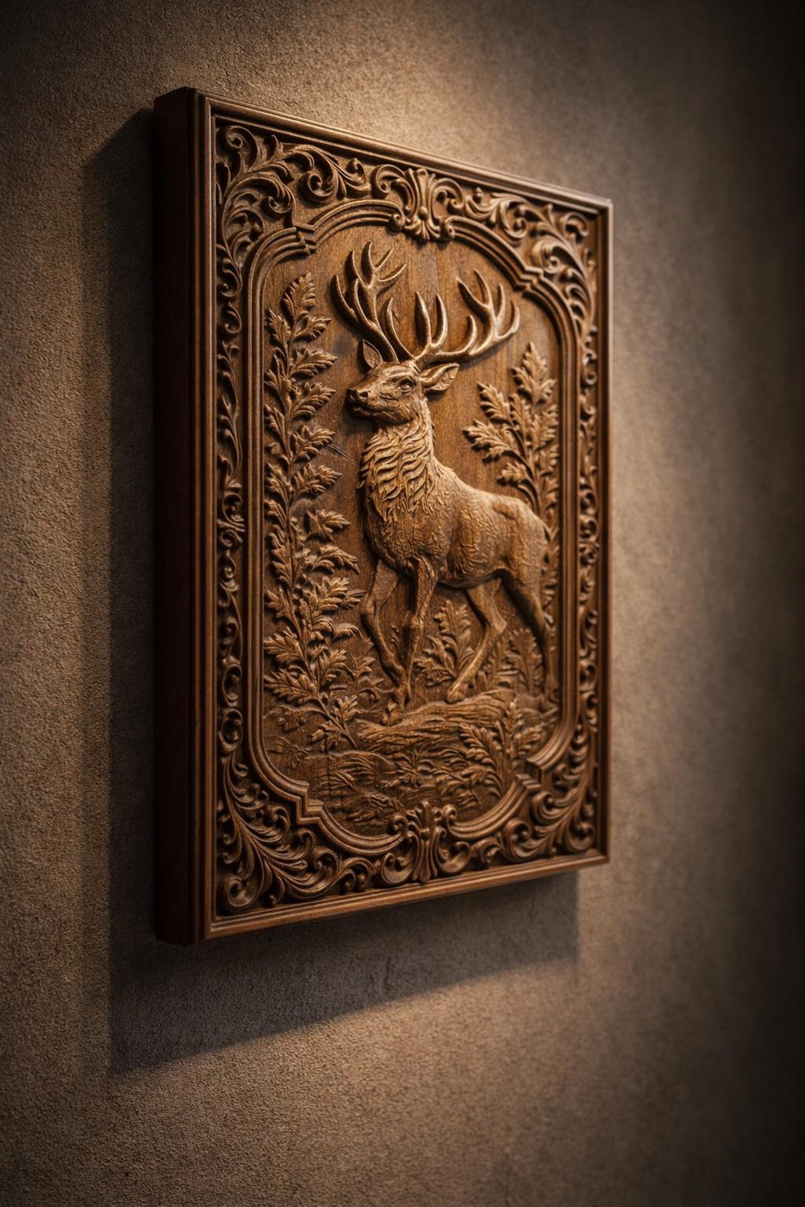 Wooden Deer Wall Panel | Natural Teak Brown Stag Art | Rustic Lodge ...