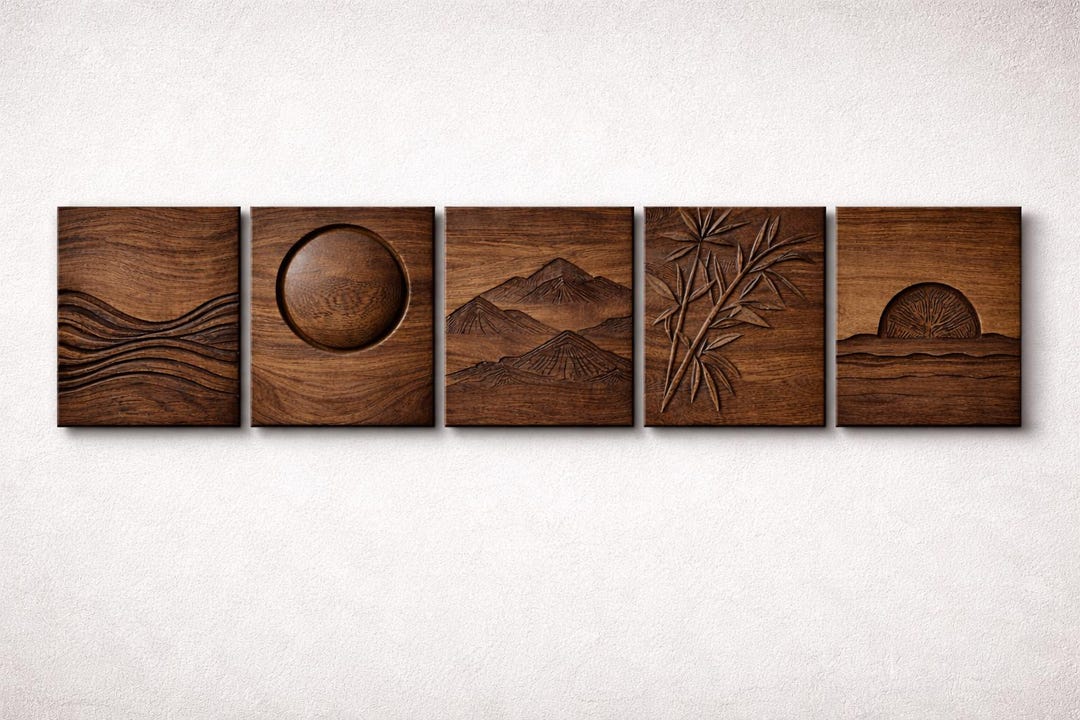 Minimalist Wooden Wall Art Panel Set of 5 | Hand Carved Teak Decor | - Etsy