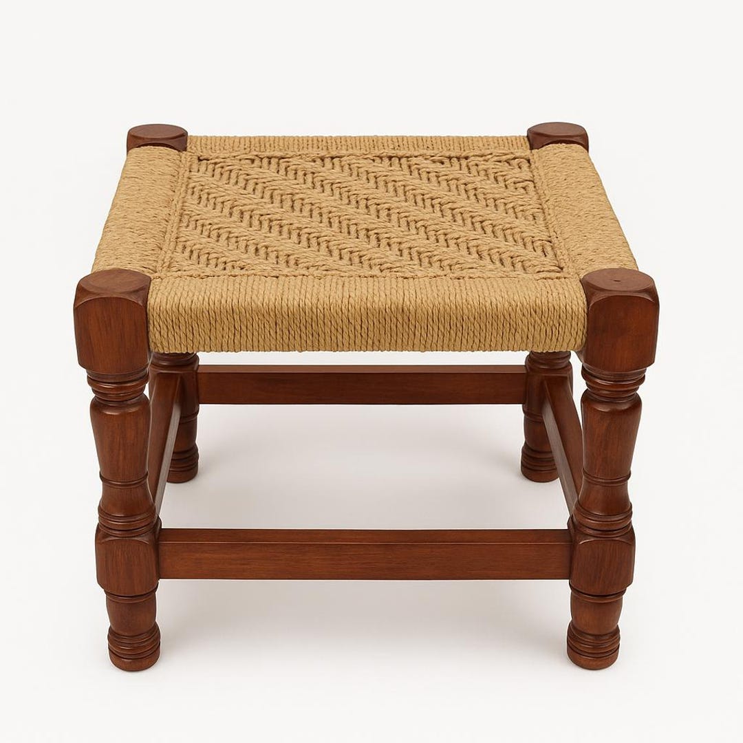 Handwoven Jute Stool – Rustic Wooden Charpai Footrest | Boho Farmhouse ...
