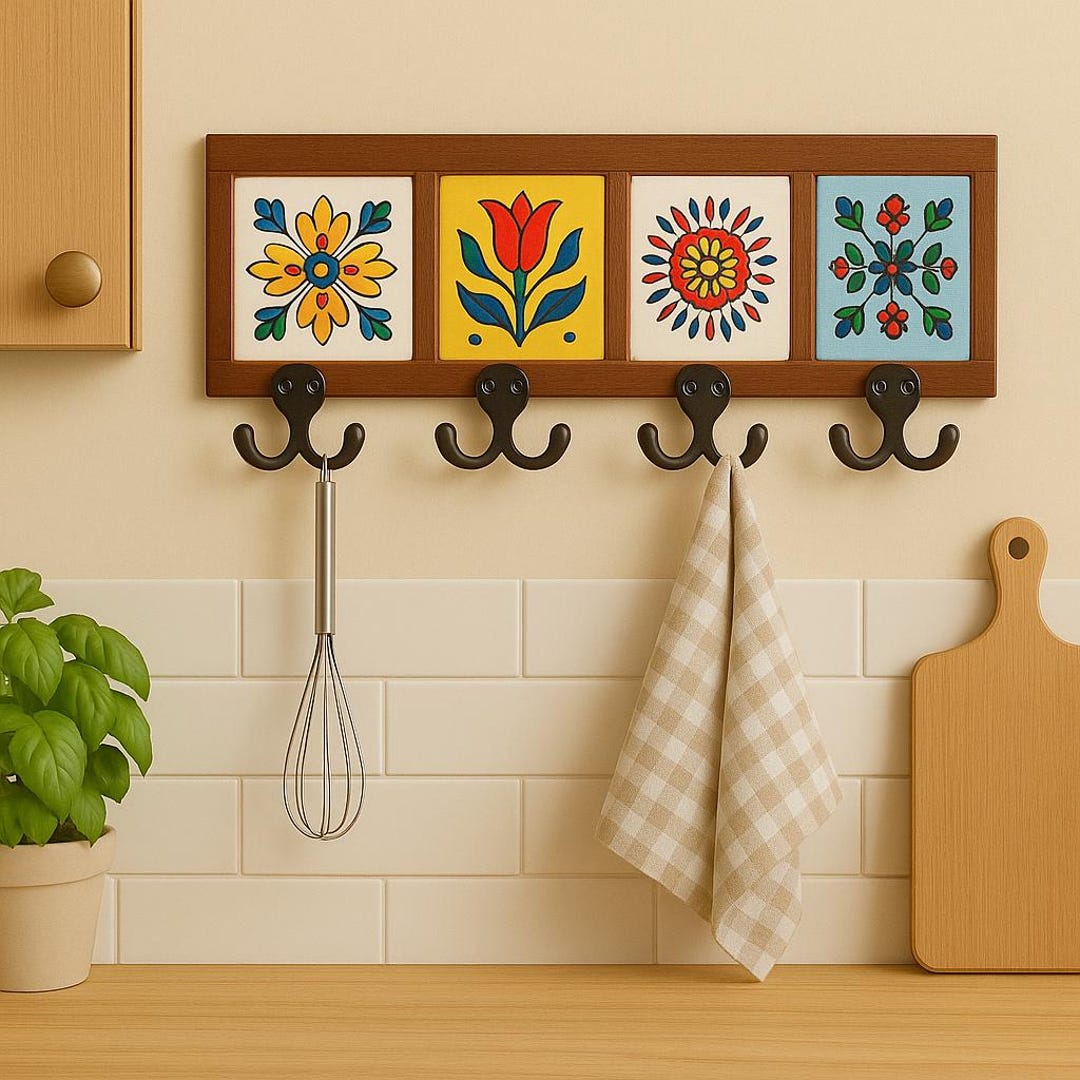 Wall Mounted Key Rack With Colorful Ceramic Tiles – Espresso Brown Wood ...