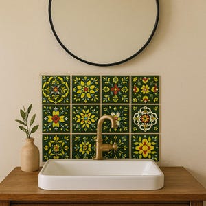 Assorted Talavera Green Ceramic Tiles - 4x4 Inch Hand Painted Floral ...