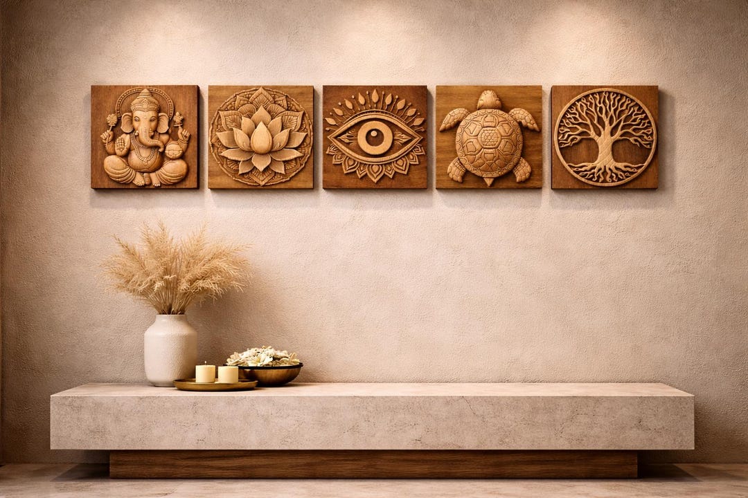 Good Luck Teak Wood Wall Panel Set of 5 | Hand Carved Spiritual Wall ...