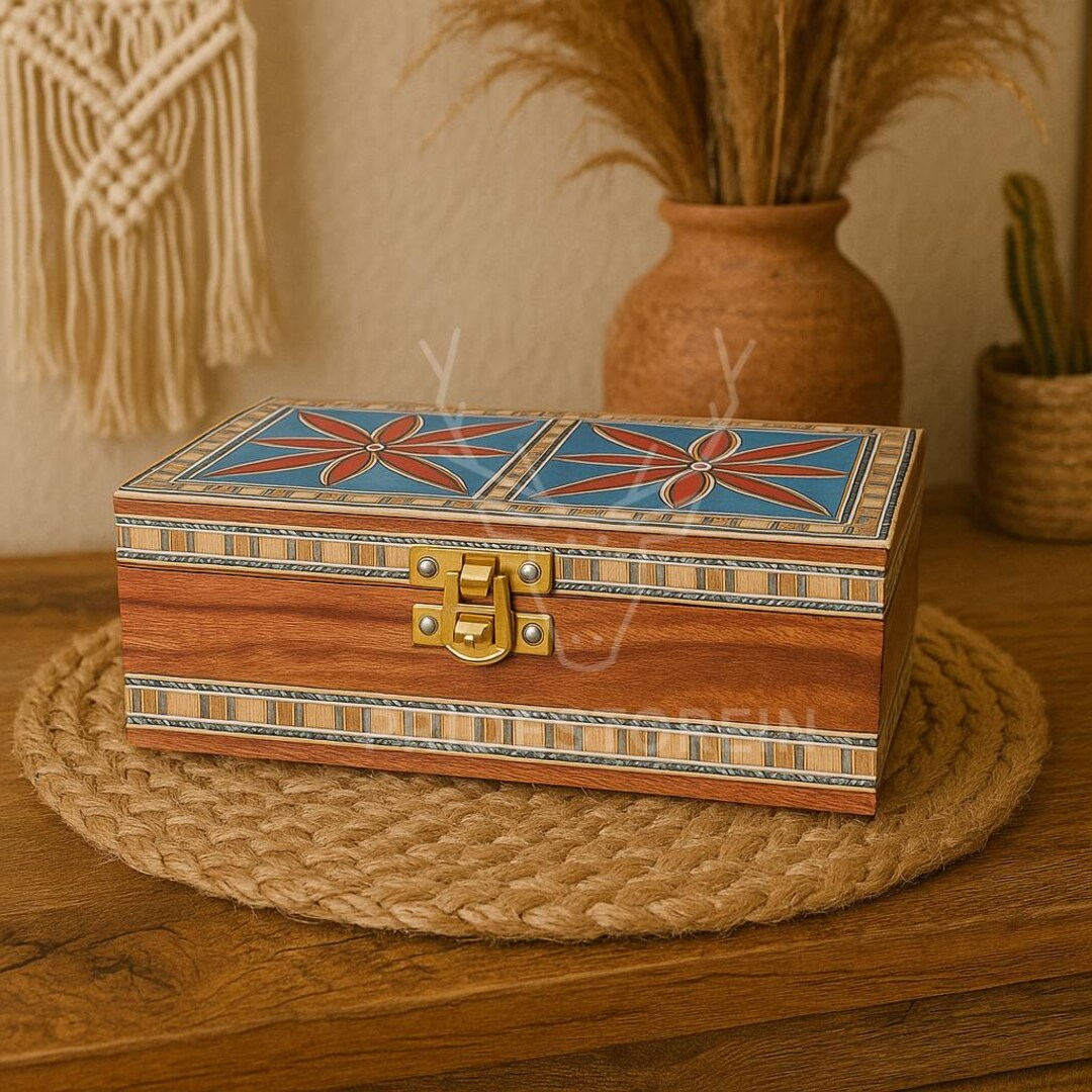 Handcrafted Wooden Jewelry Box: Floral Inlay, Blue Velvet Interior - Etsy