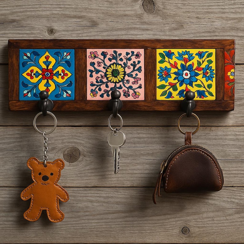 Inlay Ceramic Tile Key Rack – Wooden Wall Hook for Entryway or Office ...