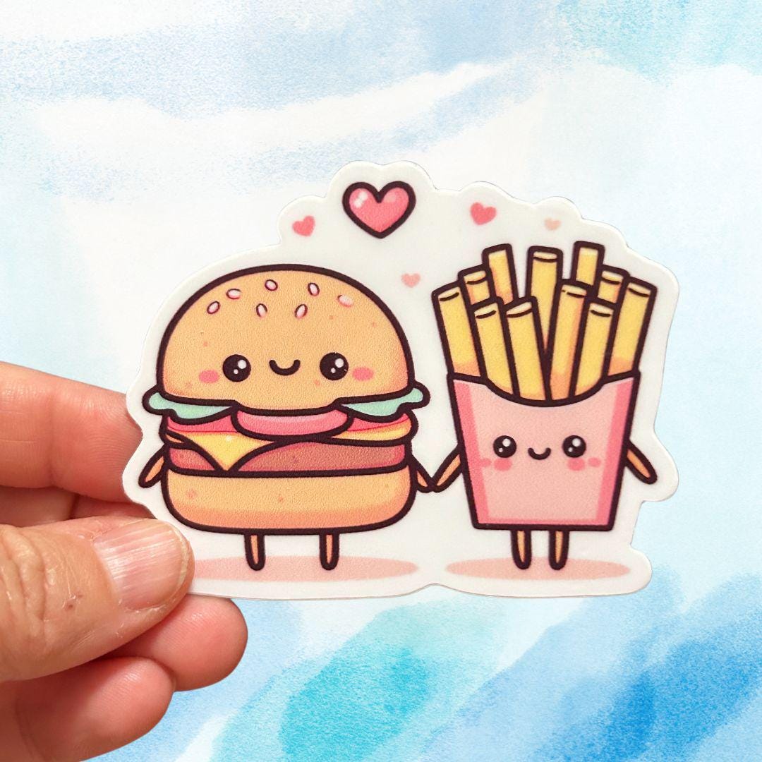 Kawaii Burger and Fries Love Sticker, Burger Lover Gift, French Fry ...