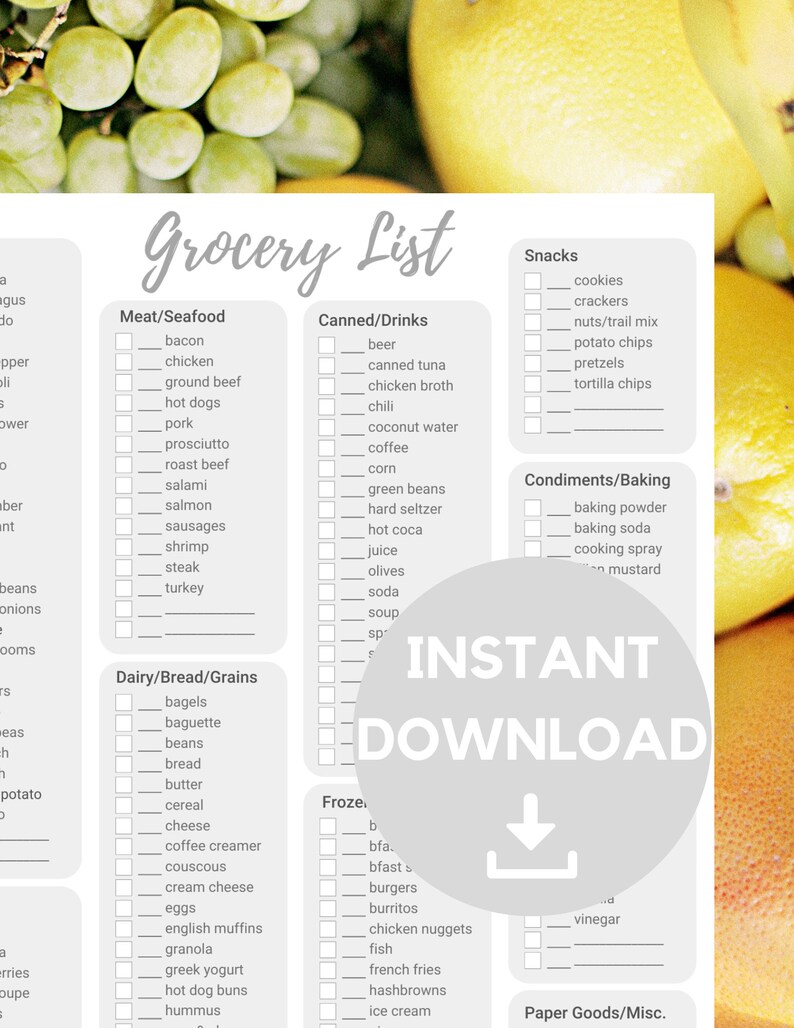 Grocery List | Printable Grocery Checklist | Fill-in Grocery Checklist ...