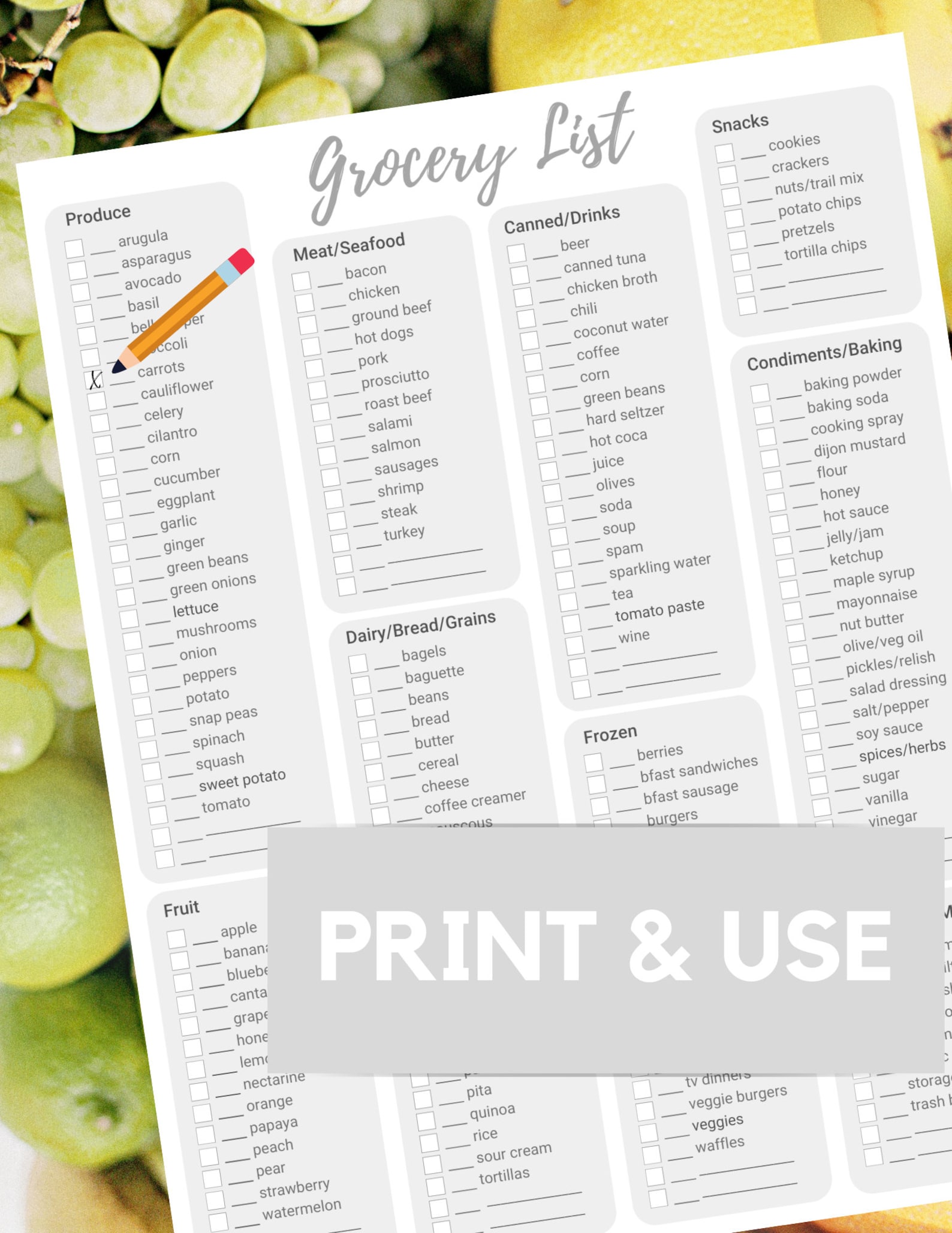 Grocery List | Printable Grocery Checklist | Fill-in Grocery Checklist ...