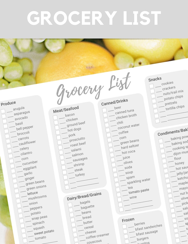 Grocery List | Printable Grocery Checklist | Fill-in Grocery Checklist ...