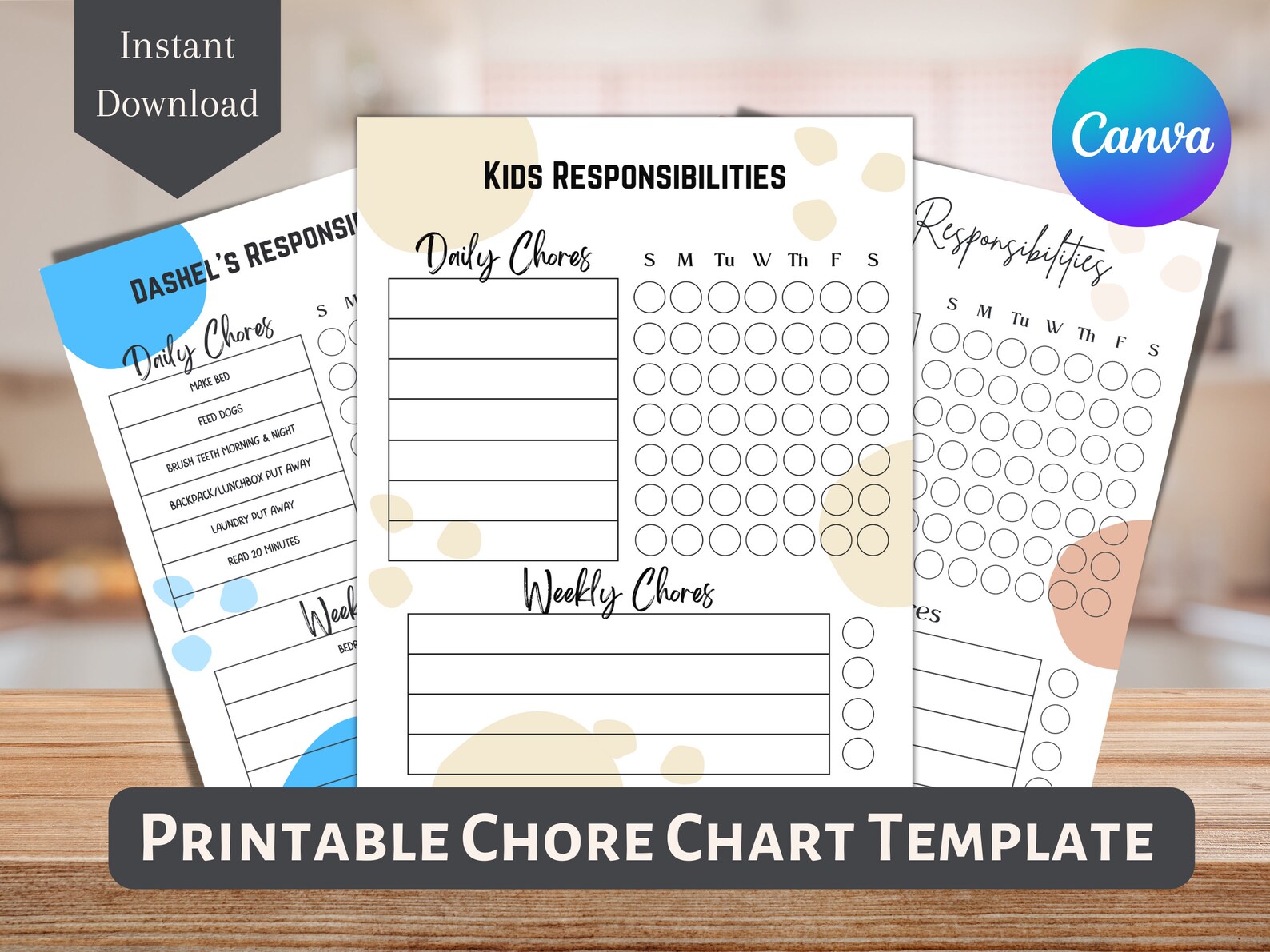 Printable Daily & Weekly Kids Chore Chart, Editable Responsibility ...