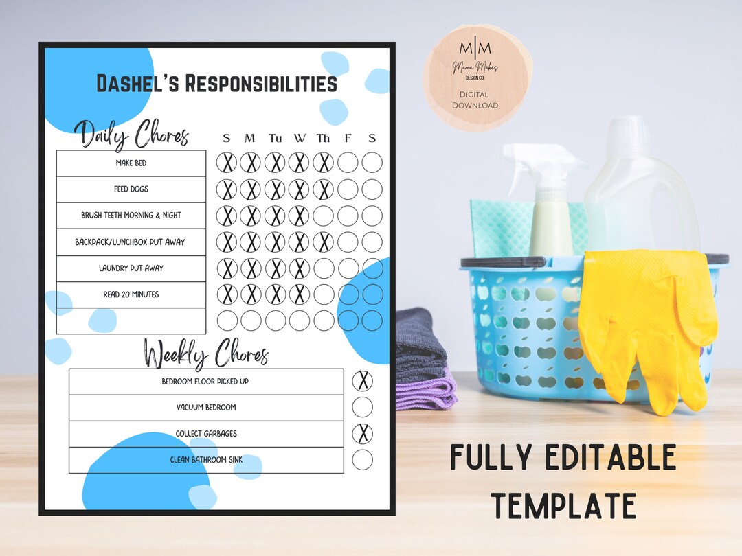 Printable Daily & Weekly Kids Chore Chart, Editable Responsibility ...