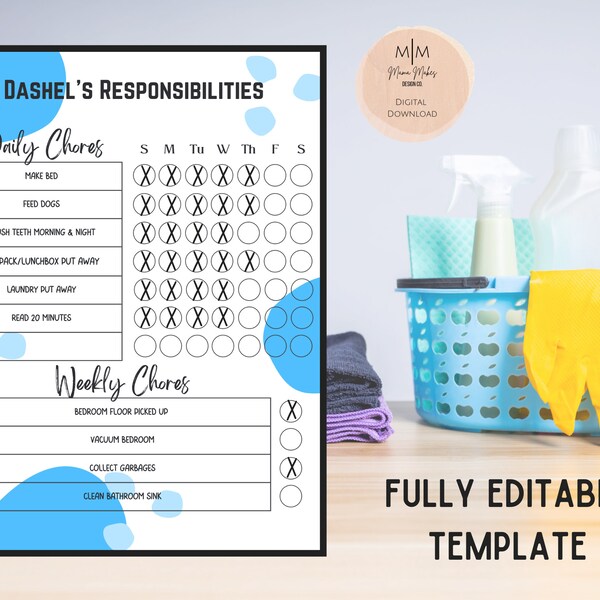 Printable Daily & Weekly Kids Chore Chart, Editable Responsibility ...