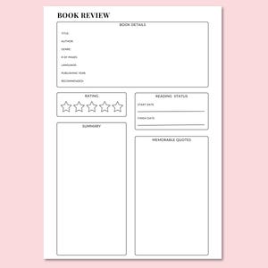 Book Review Template, Printable A5 Minimalist Journal Page, Reading ...