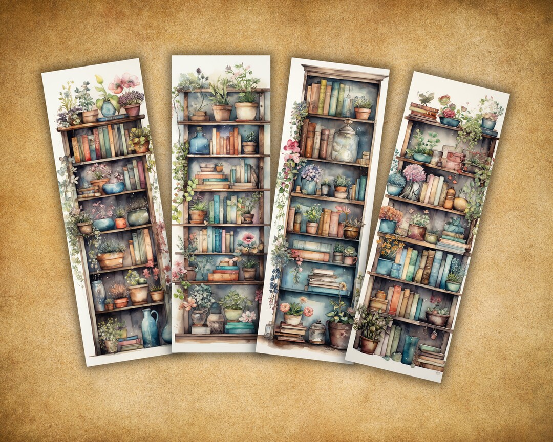 Rustic Bookmark, Rustic Bookshelf With Flowers and Plants, Whimsical ...