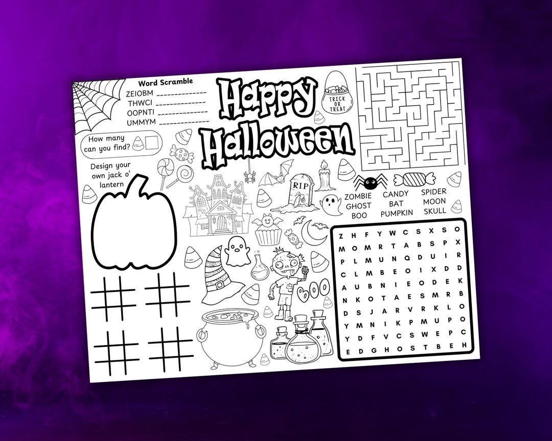 Halloween Activity Placemat, Printable Halloween Party Game for Kids ...