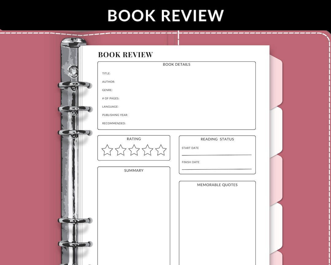 Book Review Template, Printable A5 Minimalist Journal Page, Reading ...