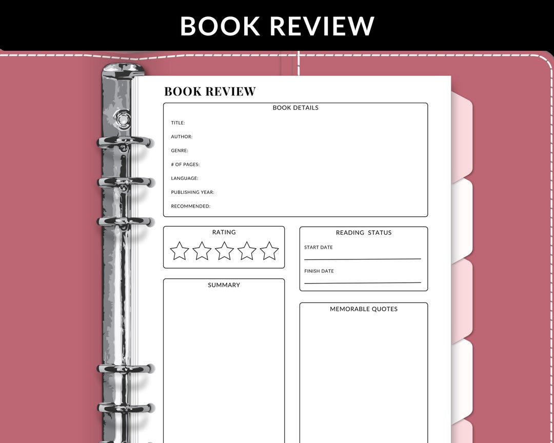 Book Review Template, Printable A5 Minimalist Journal Page, Reading ...