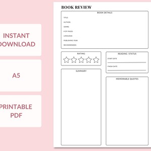 Book Review Template, Printable A5 Minimalist Journal Page, Reading ...
