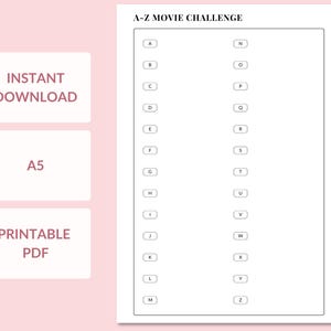 Alphabet Movie Challenge for A5 Journal, Printable Alphabet Movie ...