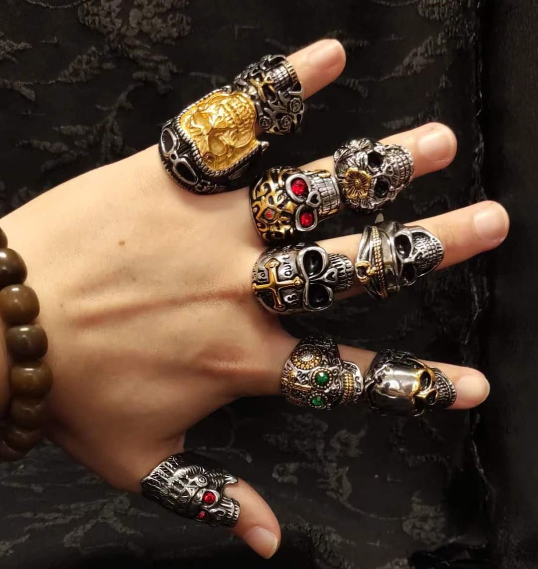 Ruby Skull Ring, Gold Patterned Skull Ring, Emerald Skull Ring ...