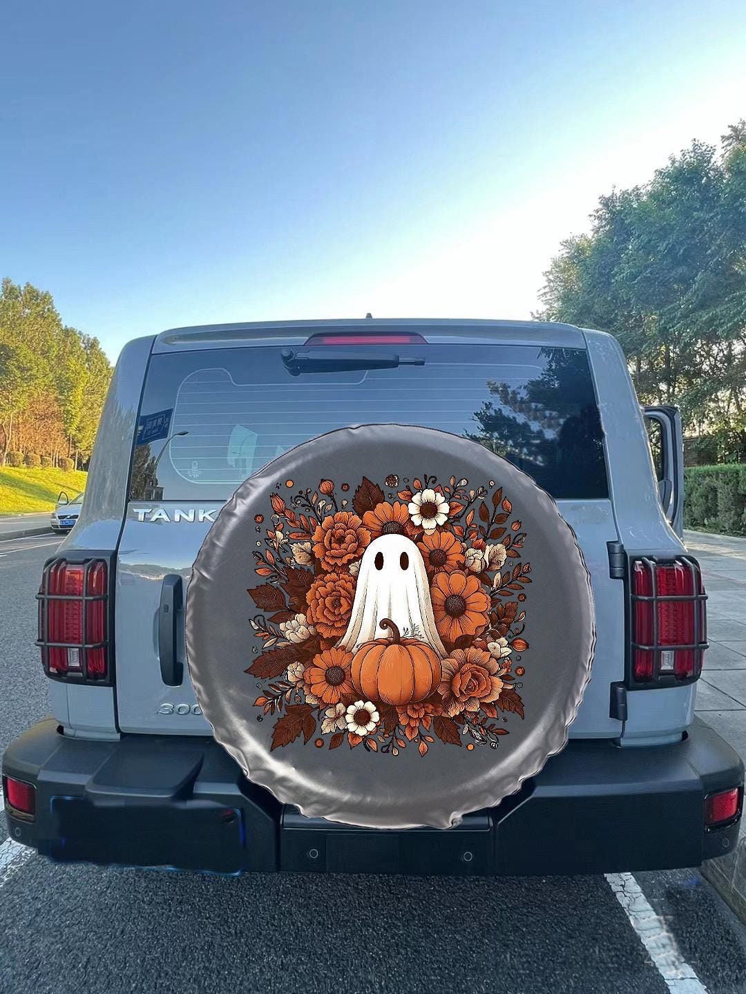 Retro Floral Ghost Spare Tire Cover, Cute Halloween Ghost Leather Wheel ...