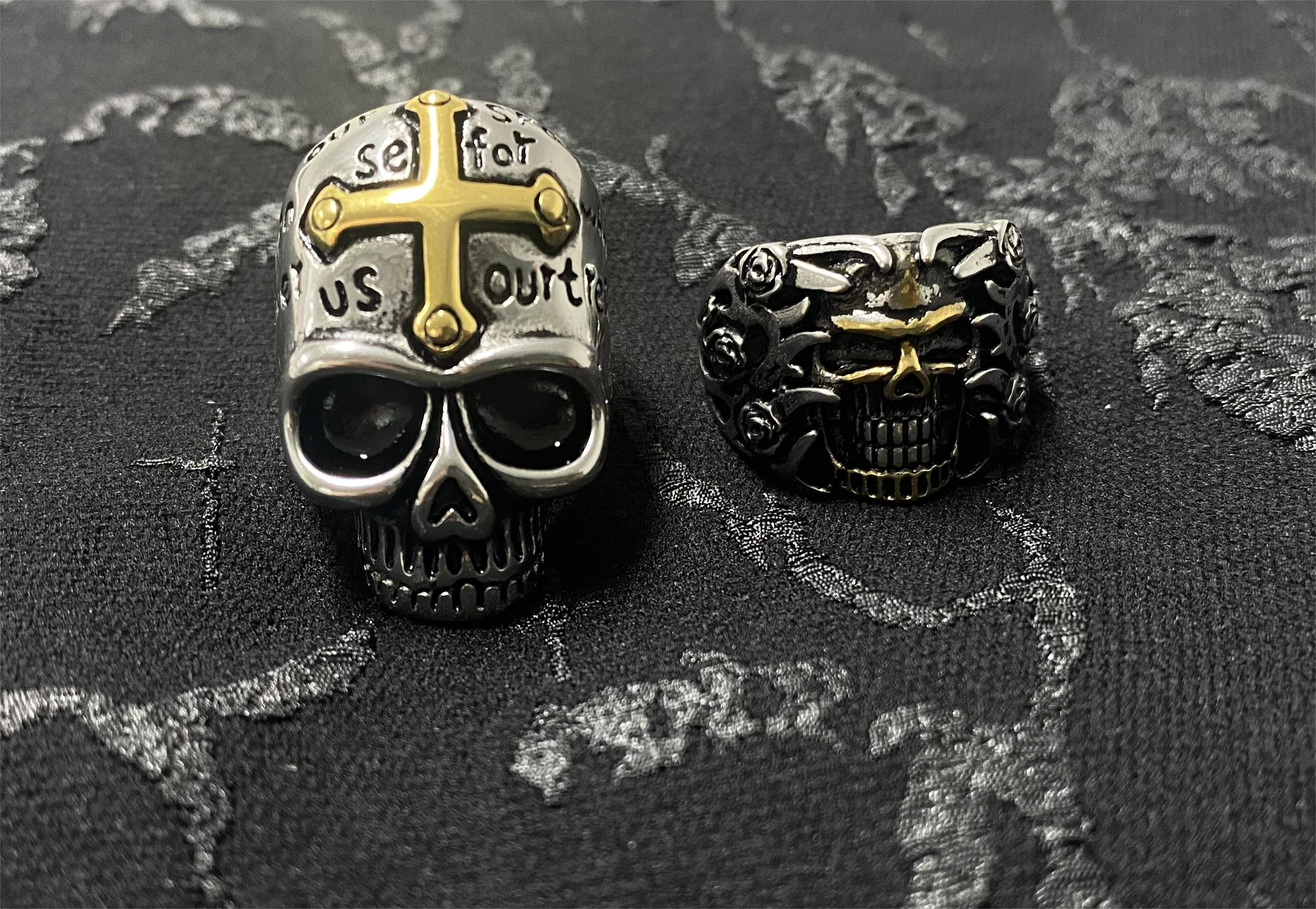 Dark Biker Skull Ring, Gold Pattern Skull Ring, Punk Skull Ring ...