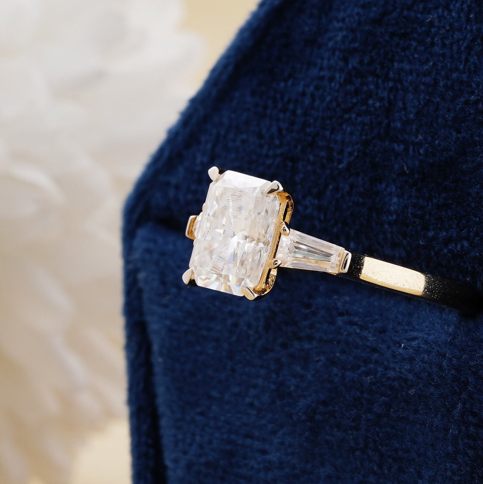 Radiant Cut Moissanite Ring: Solid Gold Baguette Three-stone Engagement ...