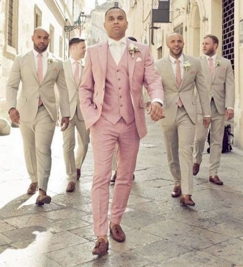 Pink 3 Piece Men Suit Cream Wedding Suit Summer Wedding Suit Beach ...