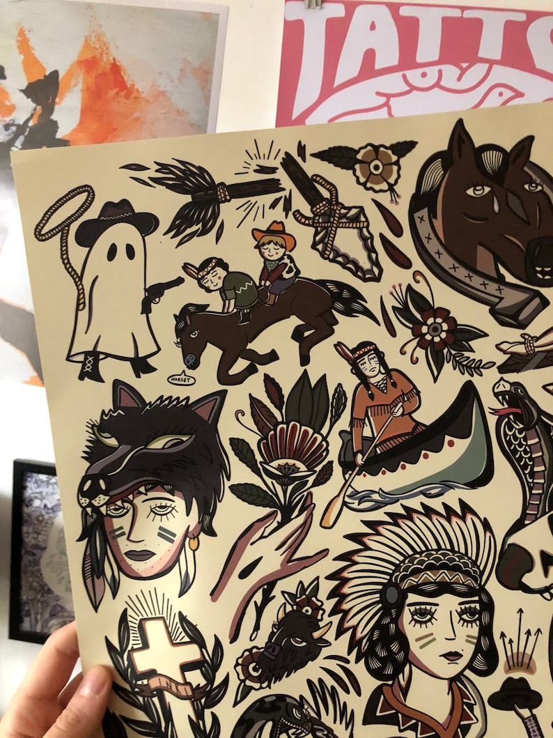 A2 COWBOYS & INDIANS TATTOO Flash Print - Etsy
