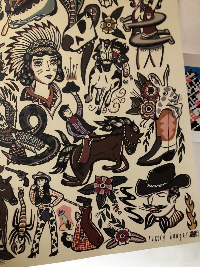 A2 COWBOYS & INDIANS TATTOO Flash Print - Etsy