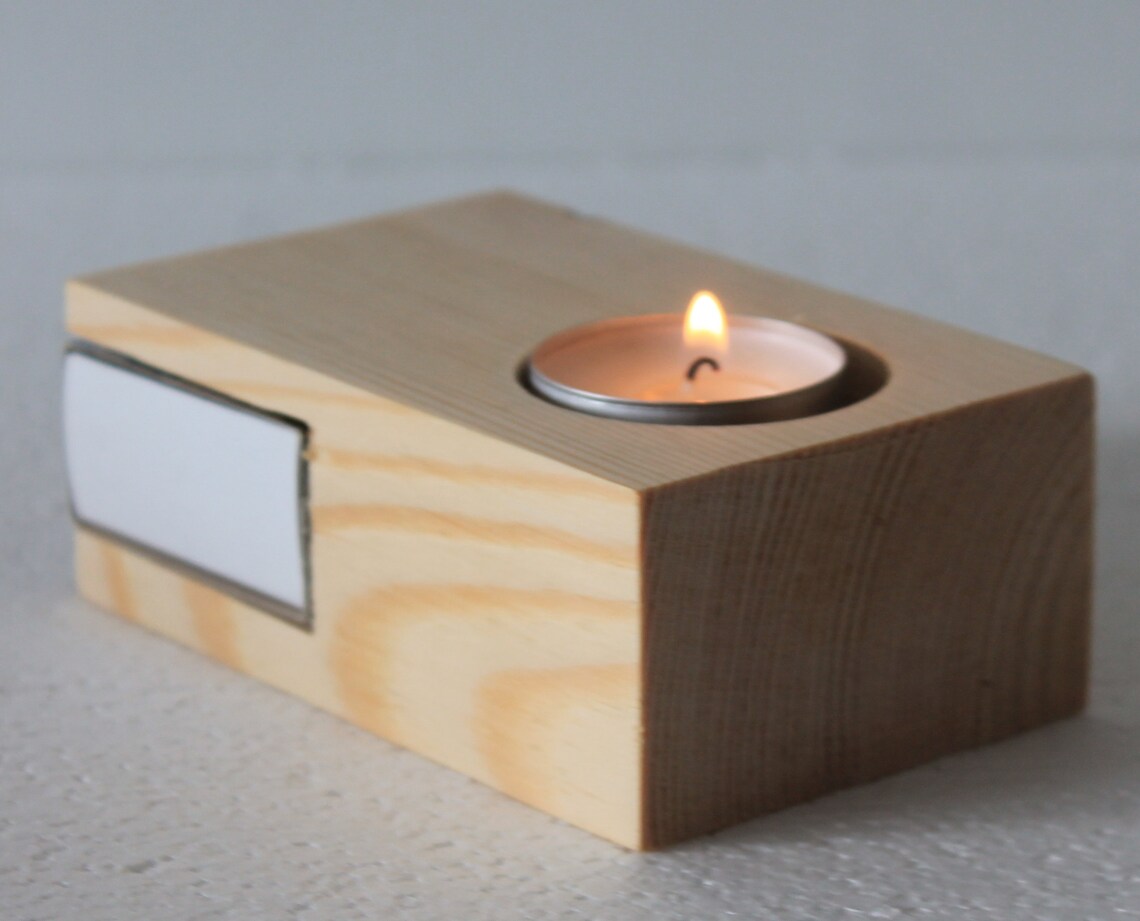 Handmade Wood Tea Light Holder With Matchbox: Rustic Table Decor (2 Pcs ...