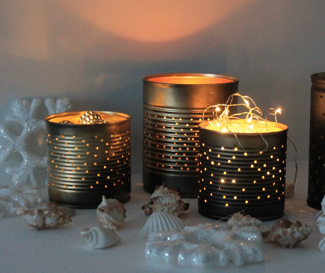 Recycled Tin Can Candle Holder - Fairy Lights Decor and Rustic Home ...