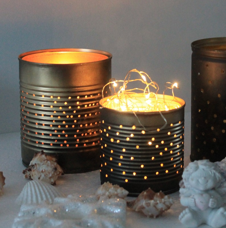 Recycled Tin Can Candle Holder - Fairy Lights Decor and Rustic Home ...