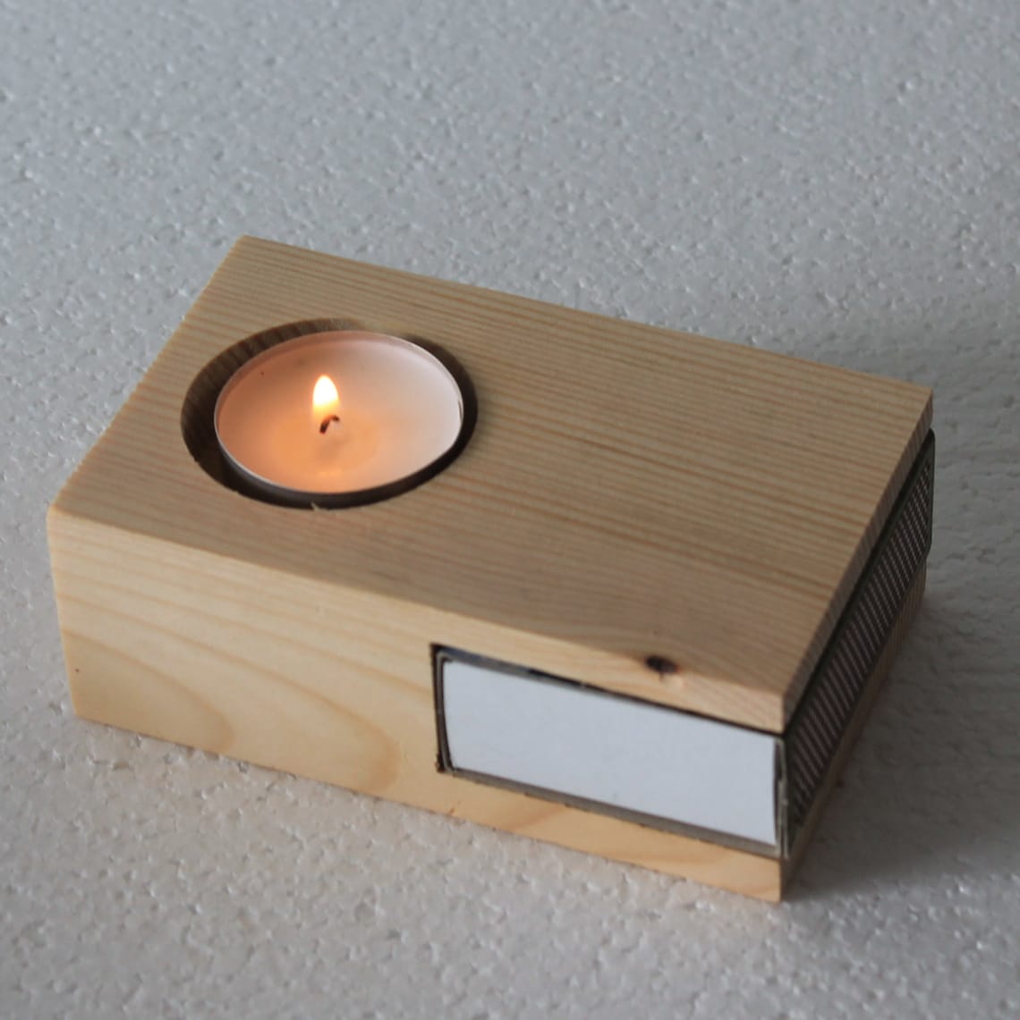Handmade Wood Tea Light Holder With Matchbox: Rustic Table Decor (2 Pcs ...