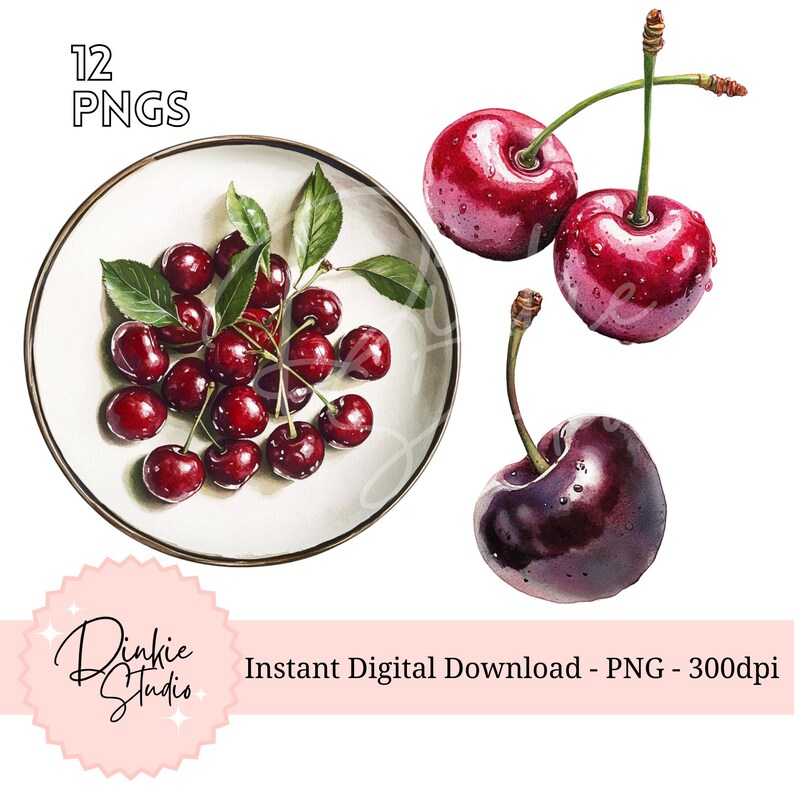 12 Watercolor Cherry Clipart Bundle - 12 Juicy Cherry Pngs for Digital ...