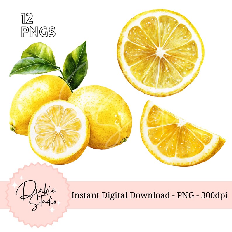 12 Watercolor Lemon Clipart Bundle - 12 Juicy Lemon Pngs for Digital ...
