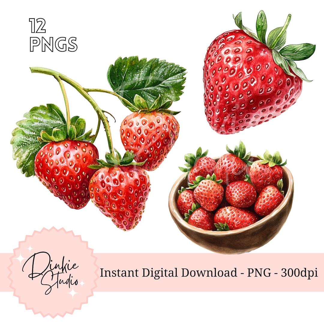 12 Watercolor Strawberry Clipart Bundle - 12 Juicy Strawberries Pngs ...
