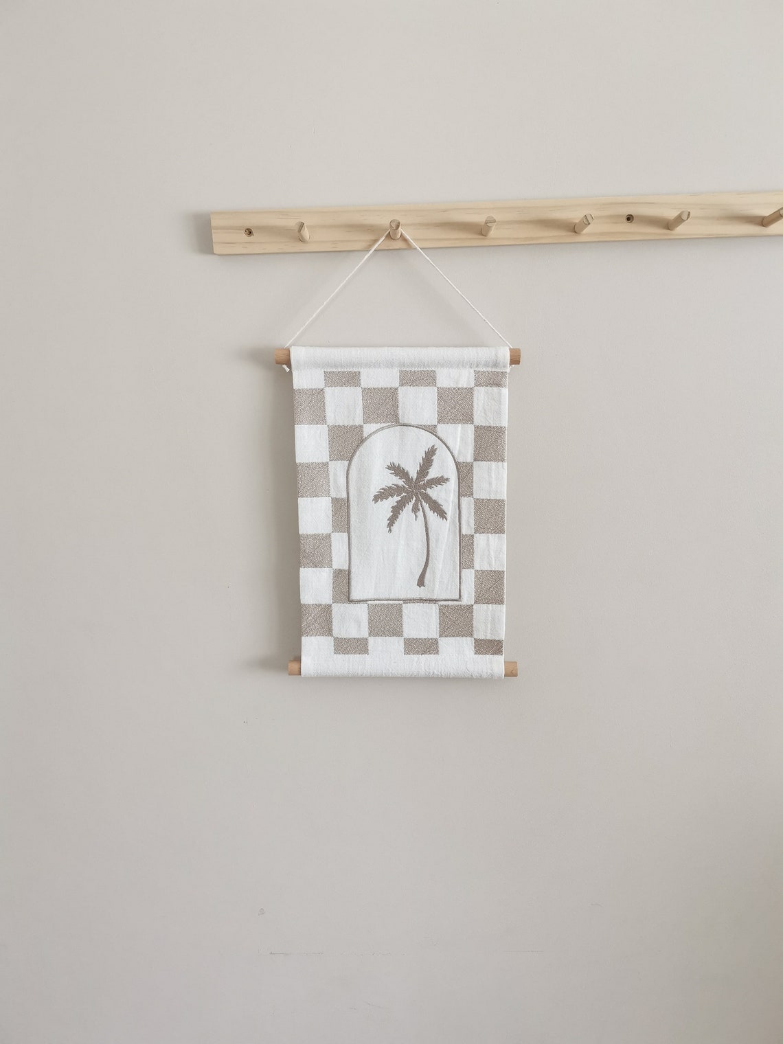Embroidered Palm Tree Cotton Poster, Beige Checkered Nursery Decor - Etsy