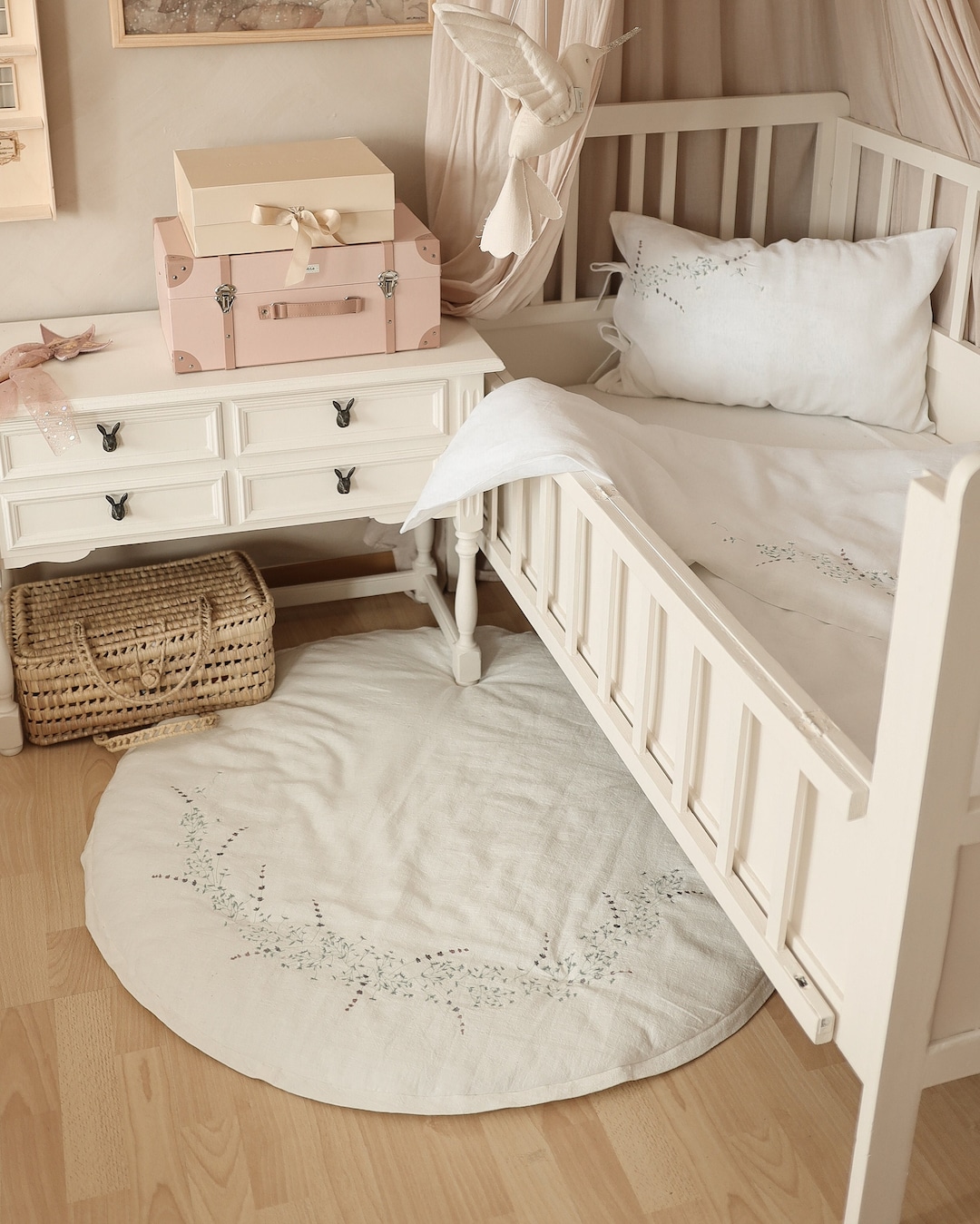 Round Linen Baby Playmat With Embroidered Gypsophila and Lavender, Baby ...