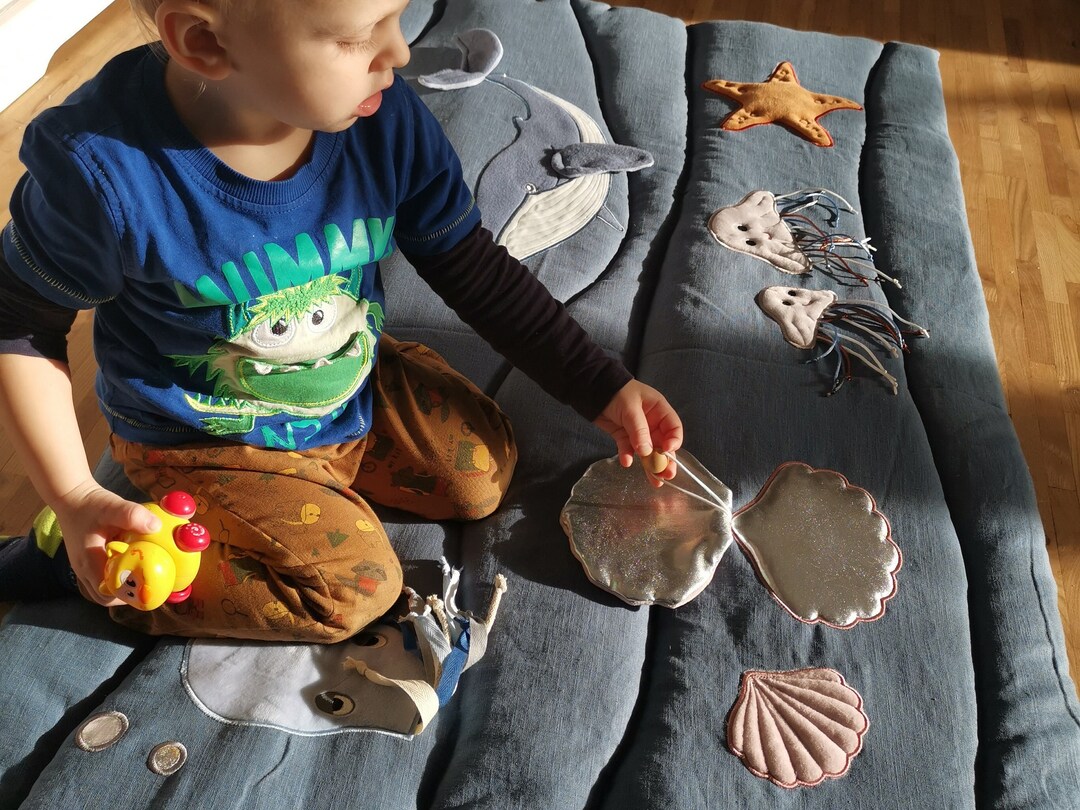 Linen Baby Play Mat With Ocean Animals, Developmental Play Mat ...