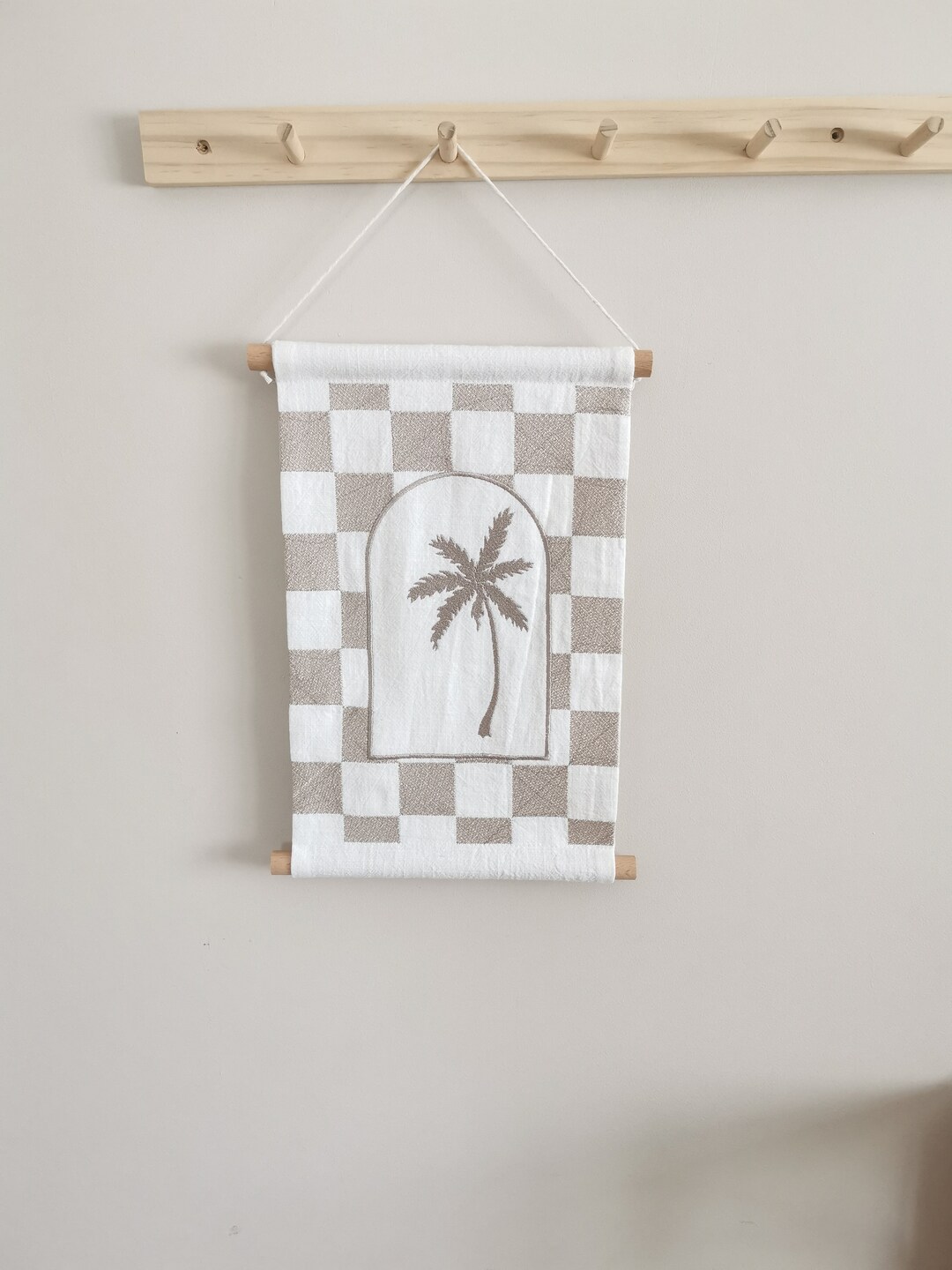 Embroidered Palm Tree Cotton Poster, Beige Checkered Nursery Decor - Etsy