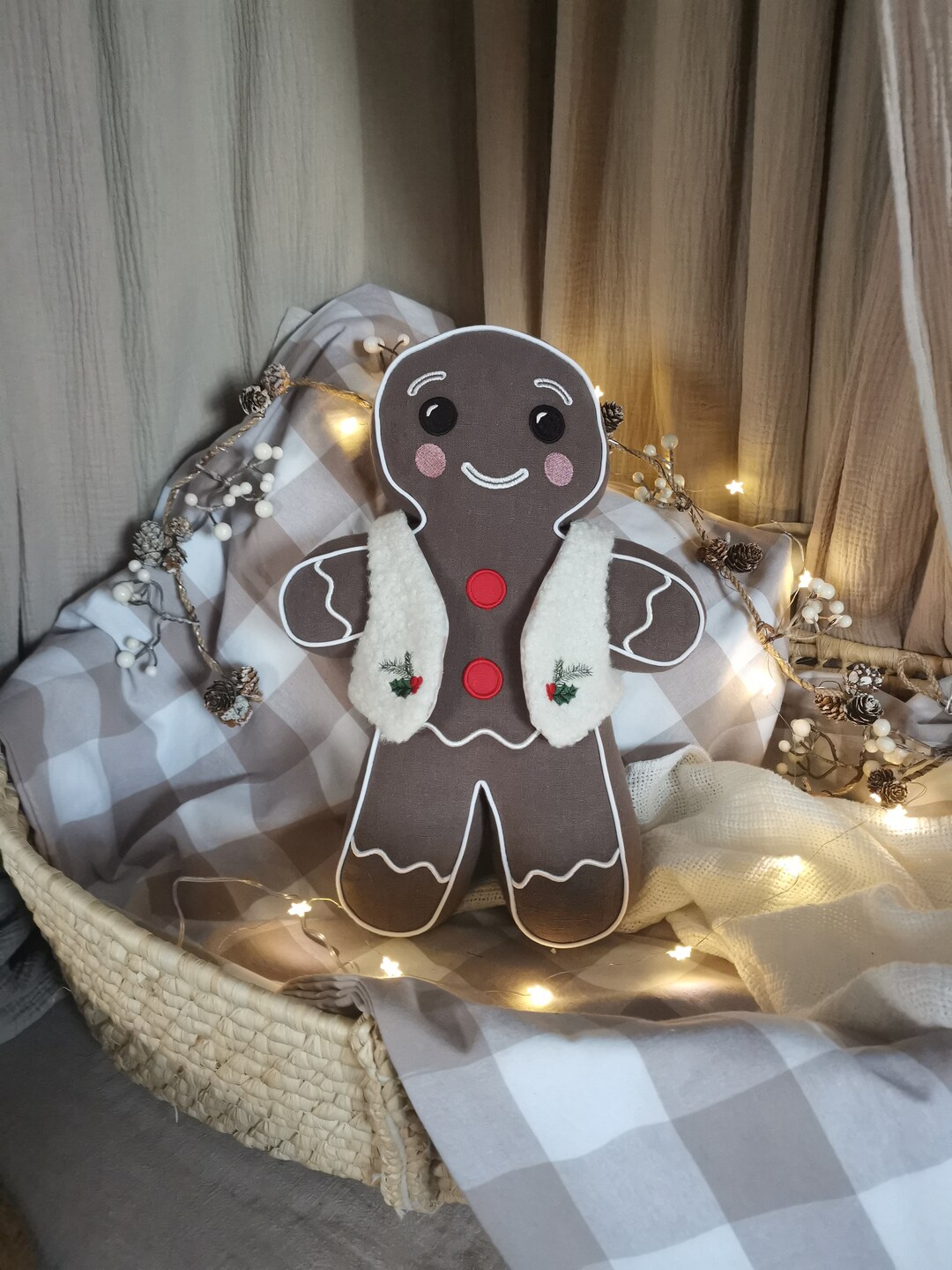 Linen Gingerbread Boy, Embroidered Christmas Pillow, Kids Cuddly Toy - Etsy