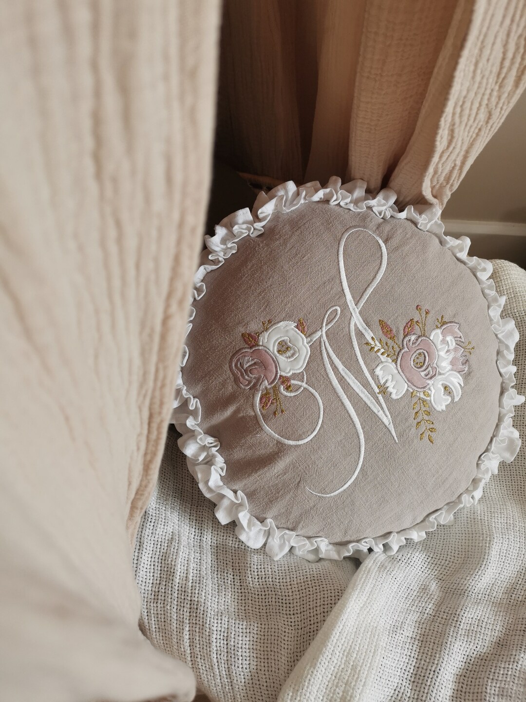 Personalized Round Pillow With Embroidered Initial and a Floral Motif ...