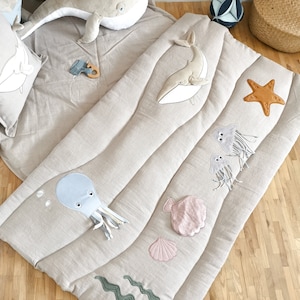 Beige Linen Baby Play Mat With Ocean Animals, Developmental Play Mat ...