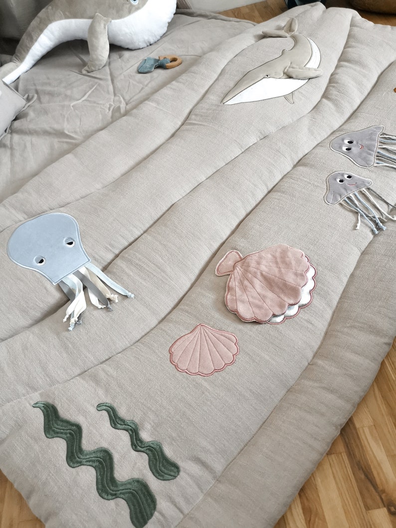 Beige Linen Baby Play Mat With Ocean Animals, Developmental, Activity ...