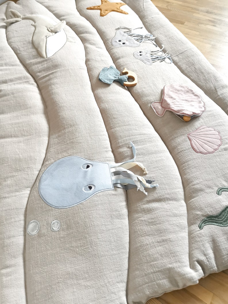 Beige Linen Baby Play Mat With Ocean Animals, Developmental, Activity ...
